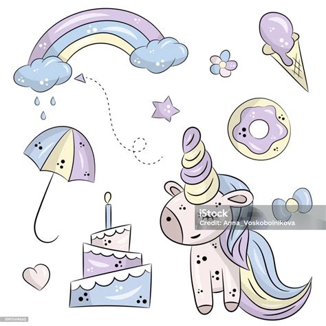 벡터는 흰색 바탕에 고립 된 개체의 설정 귀여운 유니콘 케이크와 도넛입니다 무지개 구름 비와 우산입니다 스타와 색상 심장입니다 손으로 그린 개체 일러스트레이션에 대한 스톡