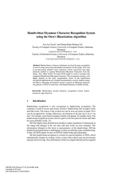 Pdf Handwritten Myanmar Character Recognition System Using The Otsus Binarization Algorithm
