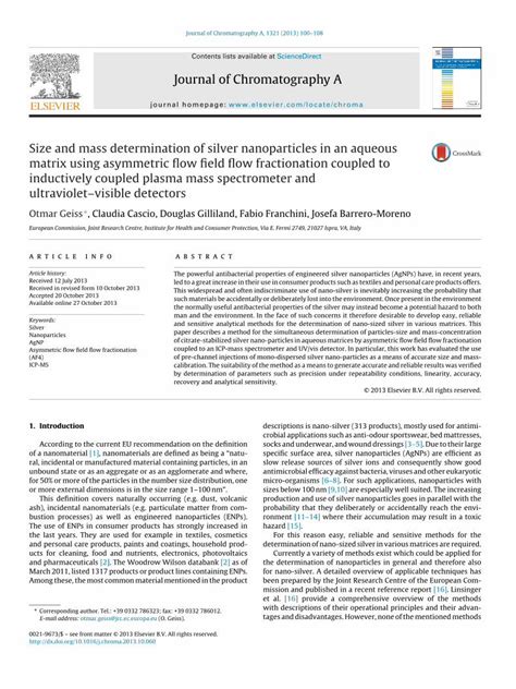 Pdf Size And Mass Determination Of Silver Nanoparticles In An Aqueous Matrix Using Asymmetric