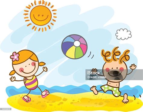 어린이 게임하기 해변에서 말풍선이 있는 일러스트 스케치에 대한 스톡 벡터 아트 및 기타 이미지 스케치 가족 구 Istock