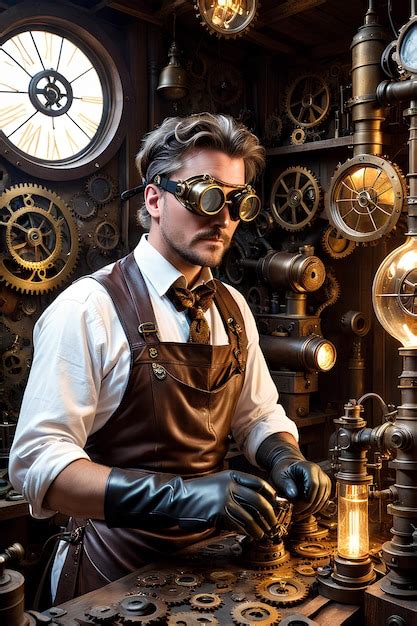 A Steampunk Inventor In A Cluttered Workshop Premium Ai Generated Image