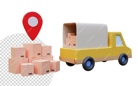 상자 화물 운송 및 온라인 쇼핑 물류 개념을 갖춘 배달 밴 목적지 3d 렌더링을 보여주는 위치 포인터가 있는 골판지 상자 프리미엄 Psd 파일