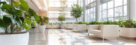 Hospital Lobby With Modern White Furniture And Green Plants Bright And
