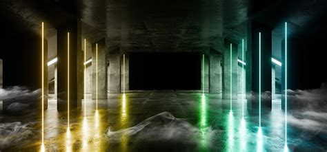 연기 삼각형 미래 네온 공상 과학 Fi 배경 빛나는 레이저 파란색 노란색 역동적 인 가상 반사 그런 지 콘크리트 홀의 바닥 터널 복도 모양 빛나는 형광 3d 렌더링 디지털