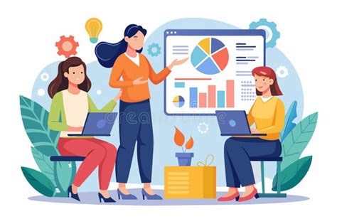 Three Women Discuss Data Analysis Using Laptops And A Presentation