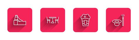 세트 라인 워터 슬라이드 의자가 있는 피크닉 테이블 상자에 있는 팝콘 긴 그림자가 있는 마술 모자 및 지팡이 빨간색 사각형 버튼입니다 벡터 가구에 대한 스톡 벡터 아트 및