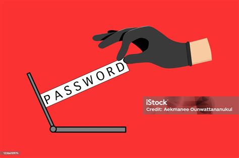 암호는 빨간색 배경에 범죄자의 손으로 컴퓨터 화면에서 압수되었다 암호는 해커에 의해 해킹되고있다 범죄에 대한 스톡 벡터 아트 및