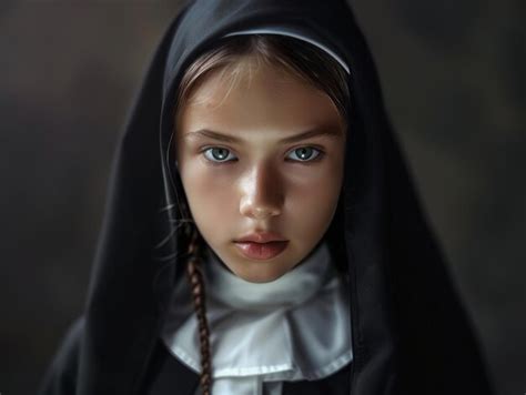 Medium Shot Of Young Woman Wearing Nun Clothing Themed Background