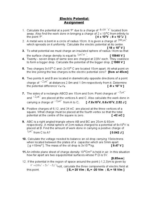 Electric Potential Assignment Calculating Potential Field And Work Pdf Electric Field