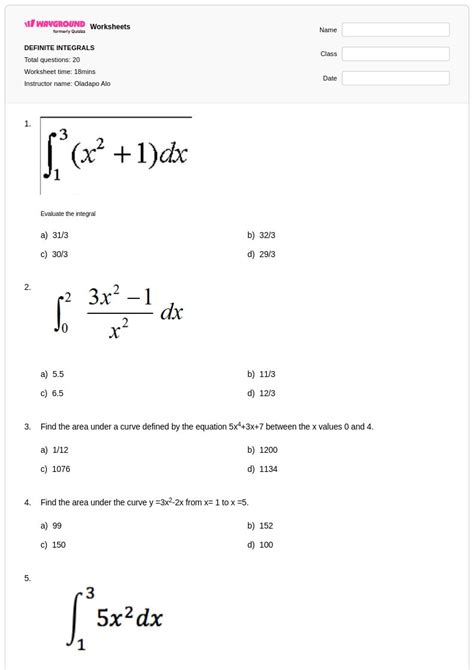 50 Definite Integral Worksheets On Wayground Free And Printable