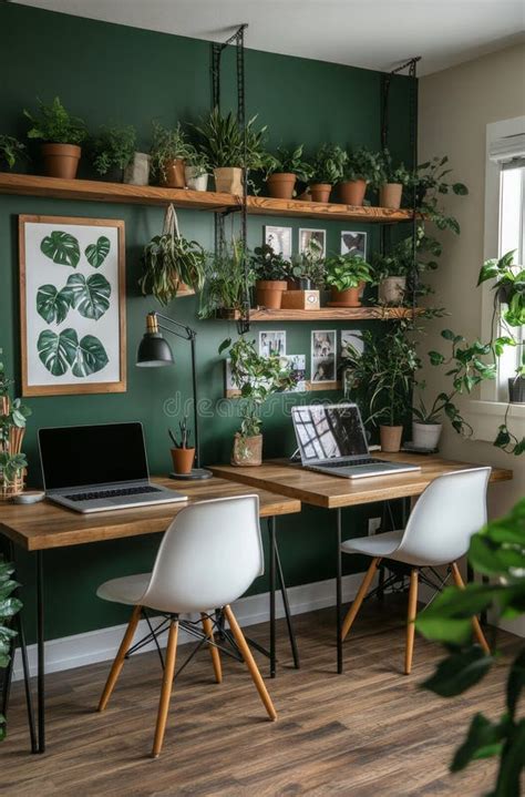 Modern Office Workspace With Lush Greenery And Stylish Decor In A Contemporary Home Setting
