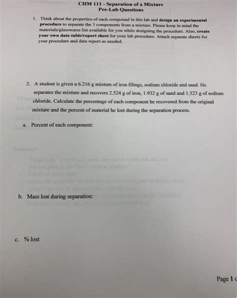 Solved Chm 111 Separation Of A Mixture Pre Lab Questions