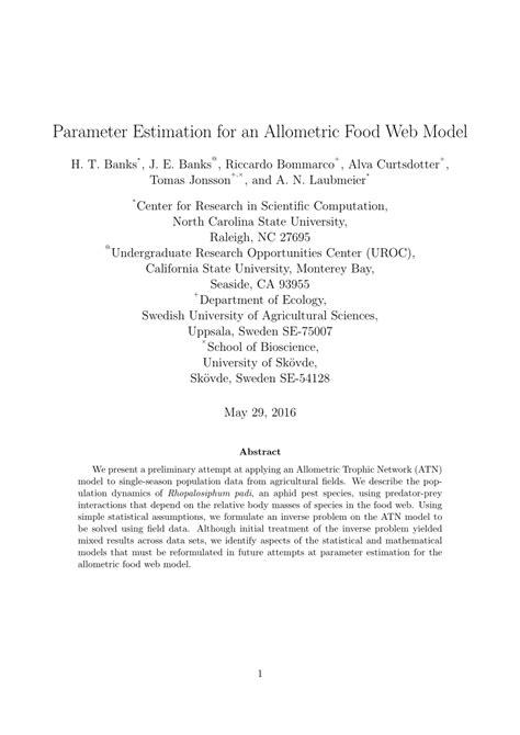 Pdf Parameter Estimation For An Allometric Food Web Model