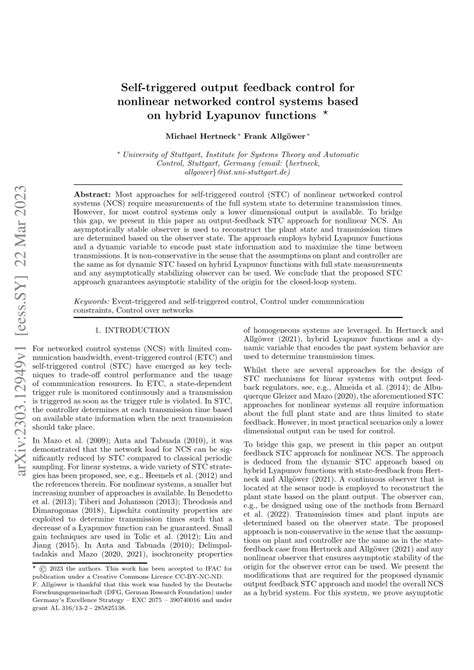 Pdf Self Triggered Output Feedback Control For Nonlinear Networked