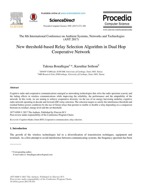 Pdf New Threshold Based Relay Selection Algorithm In Dual Hop Cooperative Network