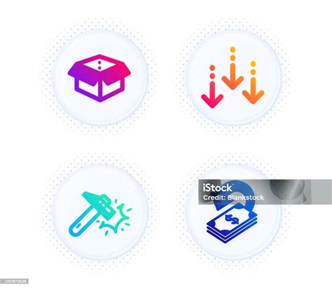 상자를 열고 아래로 스크롤하고 해머 블로우 아이콘 세트 캐시백 기호입니다 배달 패키지 스 와이프 화면 충돌 도구 벡터 0명에 대한 스톡 벡터 아트 및 기타 이미지 Istock