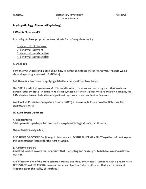 Psychopathology Fall 2016 Lecture Notes Psy1001 Elementary Psychology Fall 2016 Professor