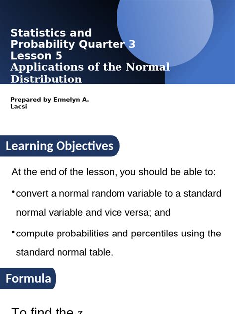 Stat Q3 Lesson 5 Applications Of Normal Distribution Pdf Percentile Normal Distribution