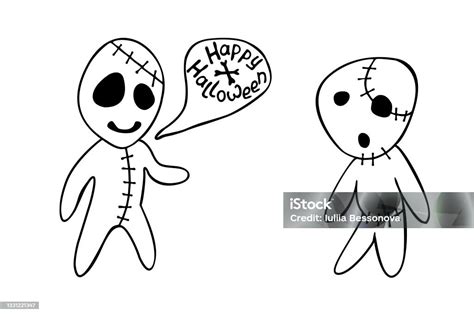 만화 스타일의 벡터 귀여운 좀비 해피 할로윈 연설 거품에 레터링 흰색 배경에서 격리된 벡터 윤곽선 그림입니다 색칠 공부 페이지 휴일 디자인 인사말 카드용 0명에 대한 스톡