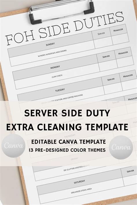 Server Extra Cleaning Checklist Template Server Side Duty Checklist