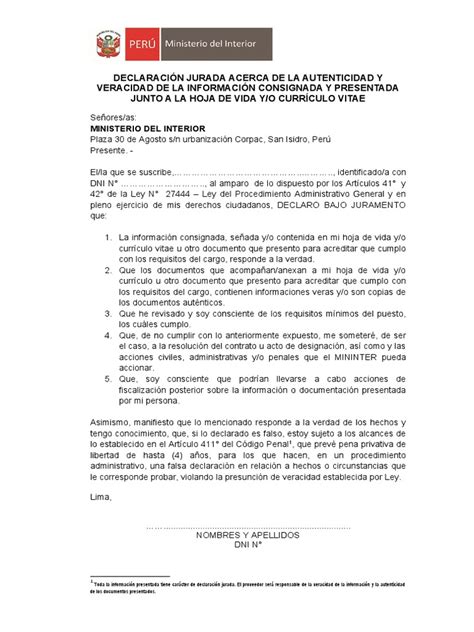 Anexo 08 Declaración Jurada Acerca De La Autenticidad Y Veracidad De