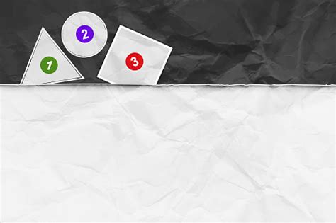 3차원으로 찢어진 스트립 또는 줄무늬가 있는 수평 검은색 구겨진 종이 벡터 배경에는 기하학적 모양의 원 정사각형 및 삼각형이 1 2 3으로 번호가 매겨져 있고 일반 흰색