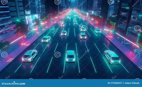Upper View On The Night Street With Cars Organized By Autonomous Traffic System Stock Image