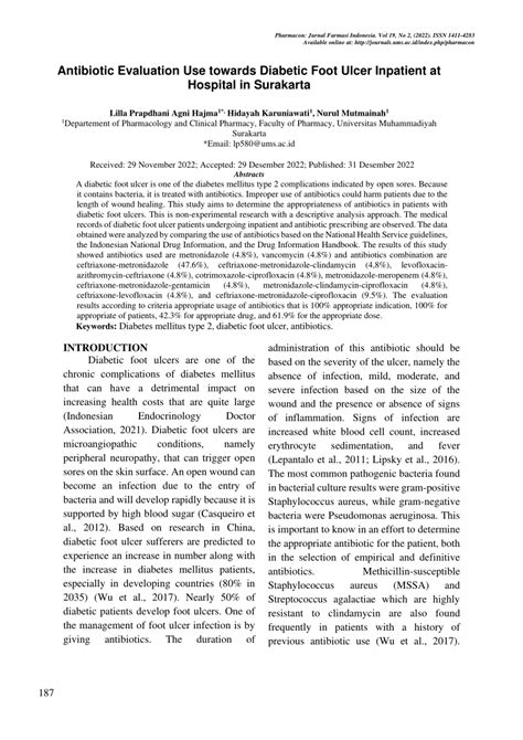 Pdf Antibiotic Evaluation Use Towards Diabetic Foot Ulcer Inpatient At Hospital In Surakarta