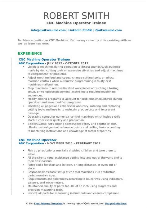 10 CNC Machine Operator Resume Samples Templates For 2025