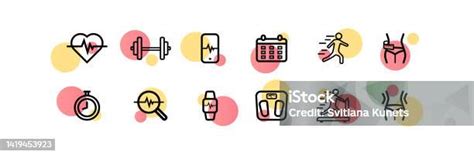 건강한 라이프 스타일 세트 아이콘입니다 일정 덤벨 신체 활동 체중 감량 스마트 팔찌 스포츠 디딜 방아 저울 스톱워치 바벨 펄스 의료 개념 비즈니스용 벡터 줄 아이콘 건강