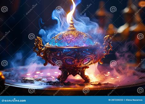 Aladdins Mysterious Lamp With Glowing Fire And Smoke On A Dark Magical