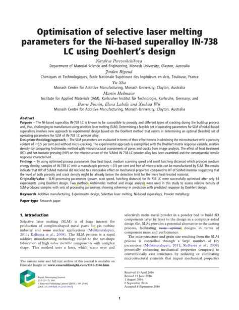 Pdf Optimisation Of Selective Laser Melting Parameters For The Ni Based Superalloy In 738 Lc