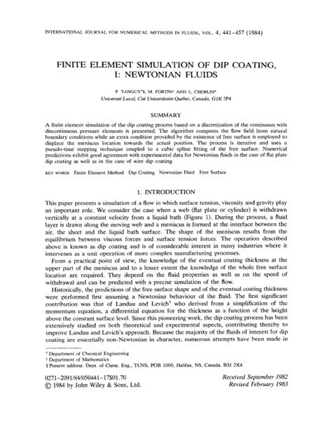 Finite Element Simulation Of Dip Coating I Newtonian Fluids Pdf