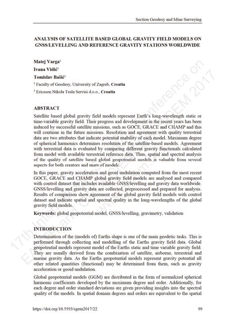 Pdf Analysis Of Satellite Based Global Gravity Field Models On Gnss Levelling And Reference