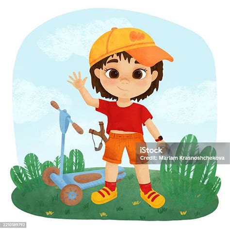 빨간색과 노란색 옷을 입은 작은 소년 스쿠터와 함께 구름을 배경으로 공터에서 야구 모자를 쓴 만화 캐릭터 4 5세에 대한 스톡 벡터 아트 및 기타 이미지 Istock