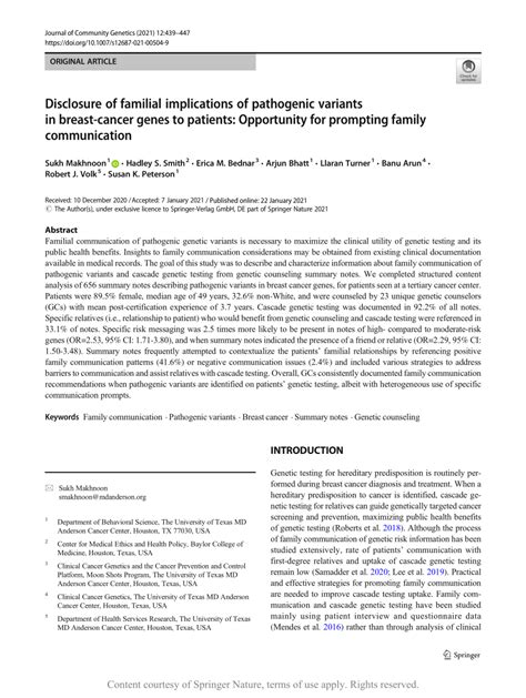 Disclosure Of Familial Implications Of Pathogenic Variants In Breast