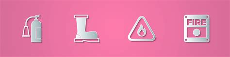 종이 절단 소화기 부츠 화염 삼각형 및 경보 시스템 아이콘을 설정합니다 종이 아트 스타일 벡터 3차원 형태에 대한 스톡 벡터 아트 및 기타 이미지 Istock