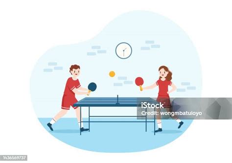 คนเล่นกีฬาเทเบิลเทนนิสกับไม้และลูกของการแข่งขันเกมปิงปองในการ์ตูนแบนมือวาดแม่แบบภาพปร ภาพประกอบ