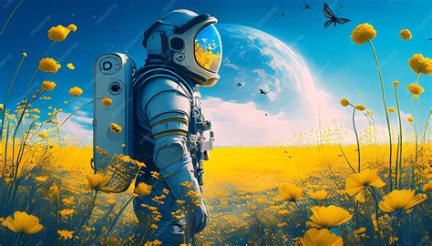 Astronauta En El Planeta Con Diferentes Flores Y Mariposas Ilustración
