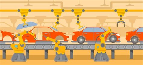 공장 컨베이어 자동차 조립 지능형 산업 자동 로봇 매니퓰레이터가 있는 로봇 프리미엄 벡터