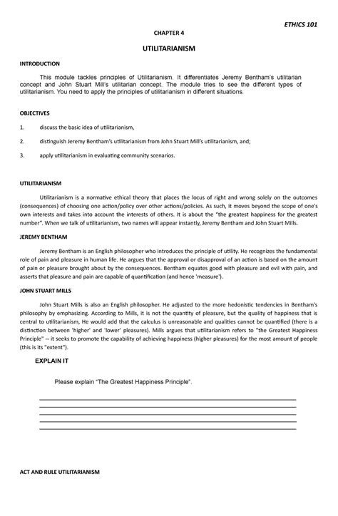 Chapter 4 Utilitarianism F Ethics 101 Chapter 4 Utilitarianism Introduction This Module