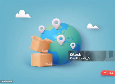 핀포인트 온라인이 있는 3d 지구 지구본은 서비스 핀 위치 포인트 마커를 제공합니다 깨지기 쉬운 표시가 있는 판지 배달 포장 3d 벡터 일러스트레이션 기업 비즈니스에 대한