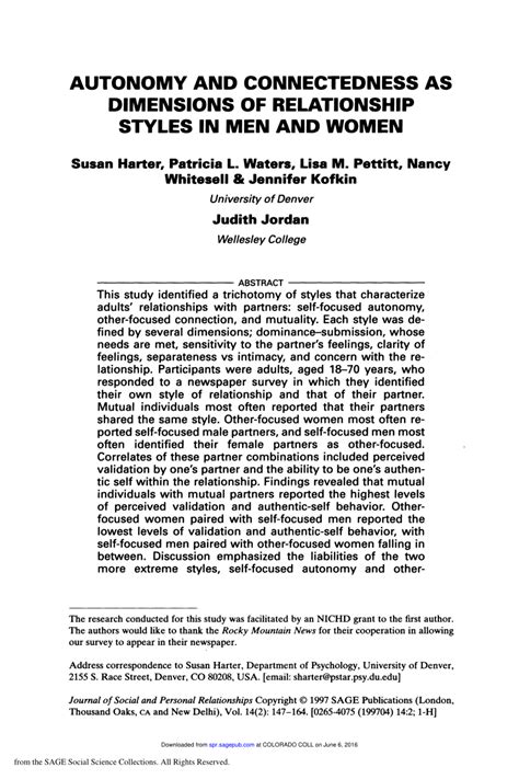 Pdf Autonomy And Connectedness As Dimensions Of Relationship Styles
