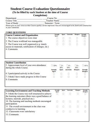 10 Course Evaluation Questionnaire Examples To Download