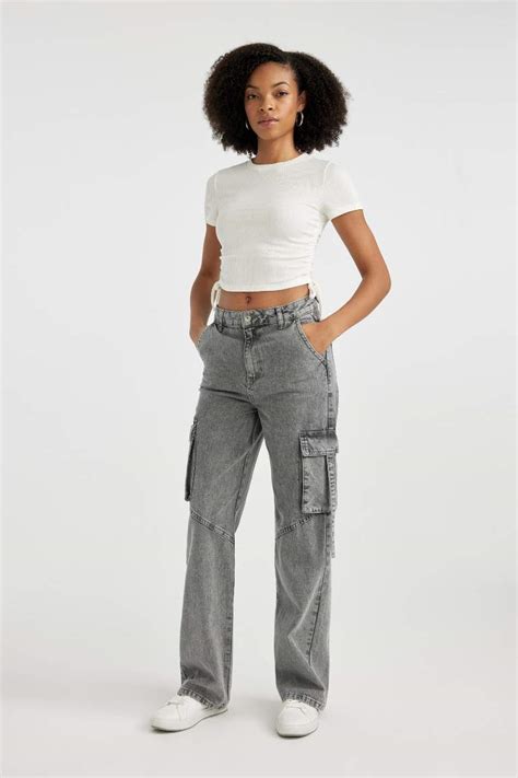 رمادي حريمي بنطلون جينز وايد ليج برجل واسع وخصر عالي 3039189 Defacto