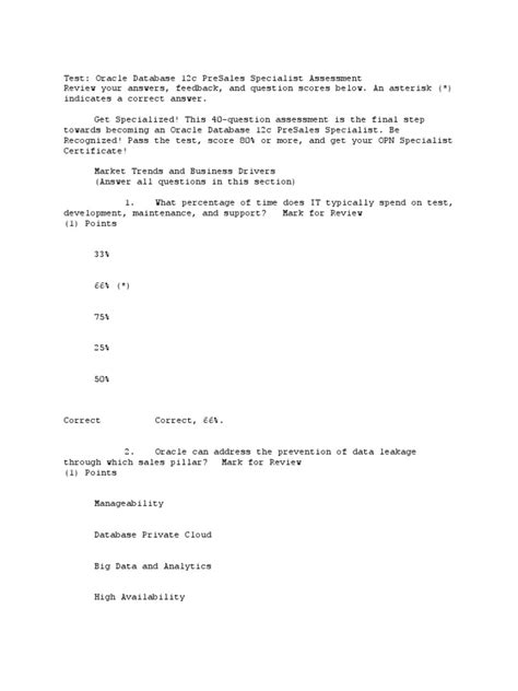 Test Oracle Database 12c Presales Specialist Assessment Review Pdf