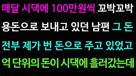 실화사연 매달 시댁에 100만원씩 꼬박꼬박 용돈으로 보내고 있던 남편 그 돈 전부 제가 번 돈으로 주고 있었고 억 단위의 돈이 시댁에 흘러갔는데 라디오드라마 사이다