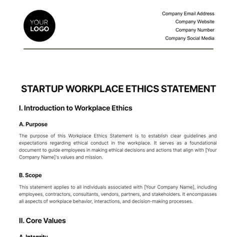 Startup Workplace Ethics Statement Template Edit Online And Download