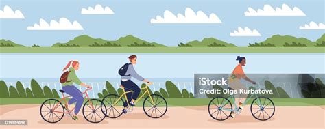 자전거 타는 사람들은 야외에서 공원에서 자전거를 타는 행복한 젊은 남녀 자전거 타는 사람 제방 건강한 레저 라이프 스타일과 에코 차량 레이싱 스포츠 벡터 만화 개념 벡터에