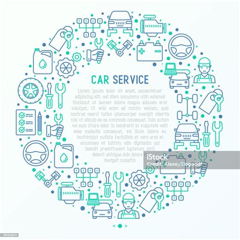 자동차 정비공 컴퓨터 진단 도구 휠 배터리 전송 잭의 얇은 선 아이콘 원에서 서비스 개념 현대 벡터 일러스트 레이 션 배너 웹
